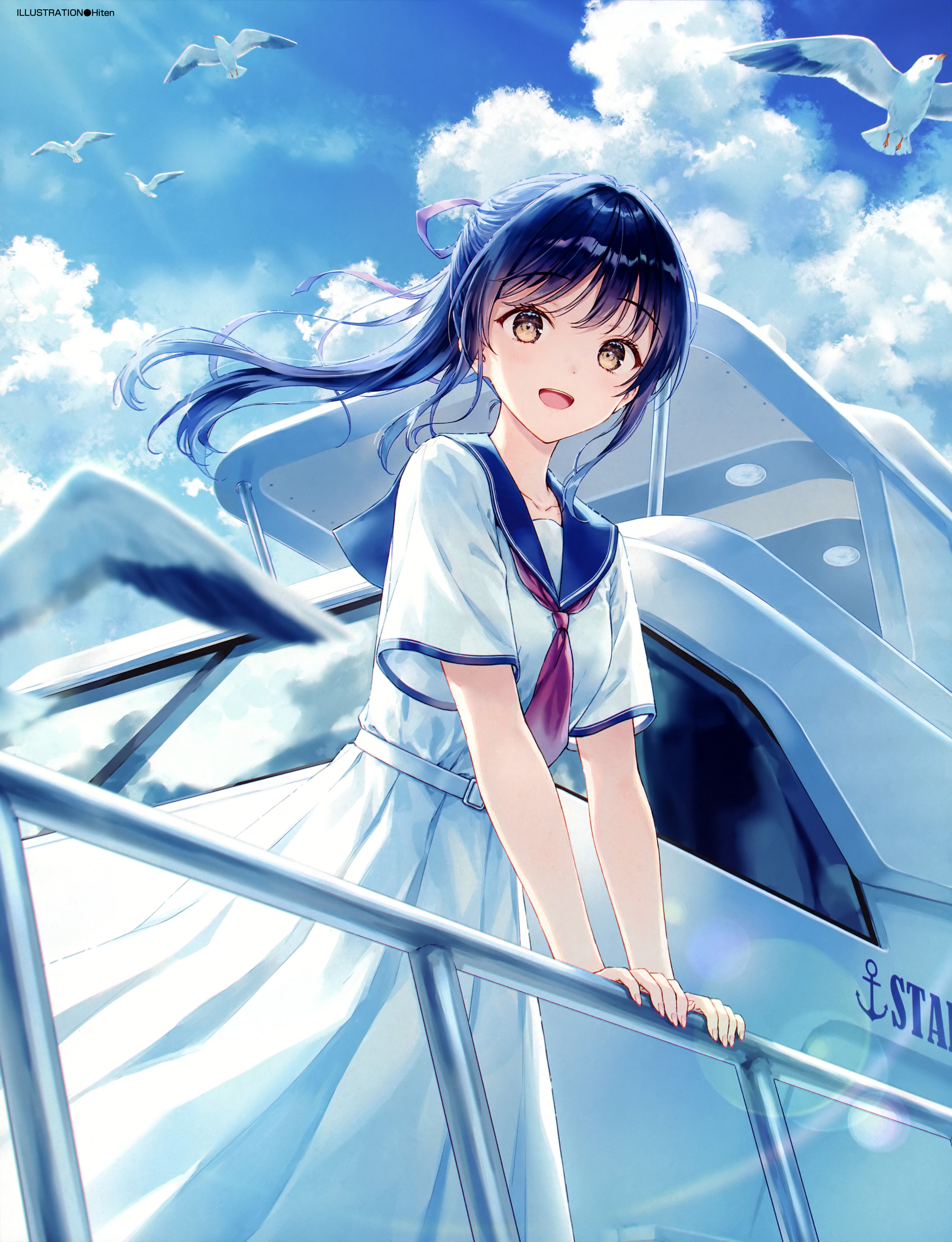 Safebooru - 1girl :d absurdres artist name bird black hair blue sky brown eyes clouds cloudy sky ...